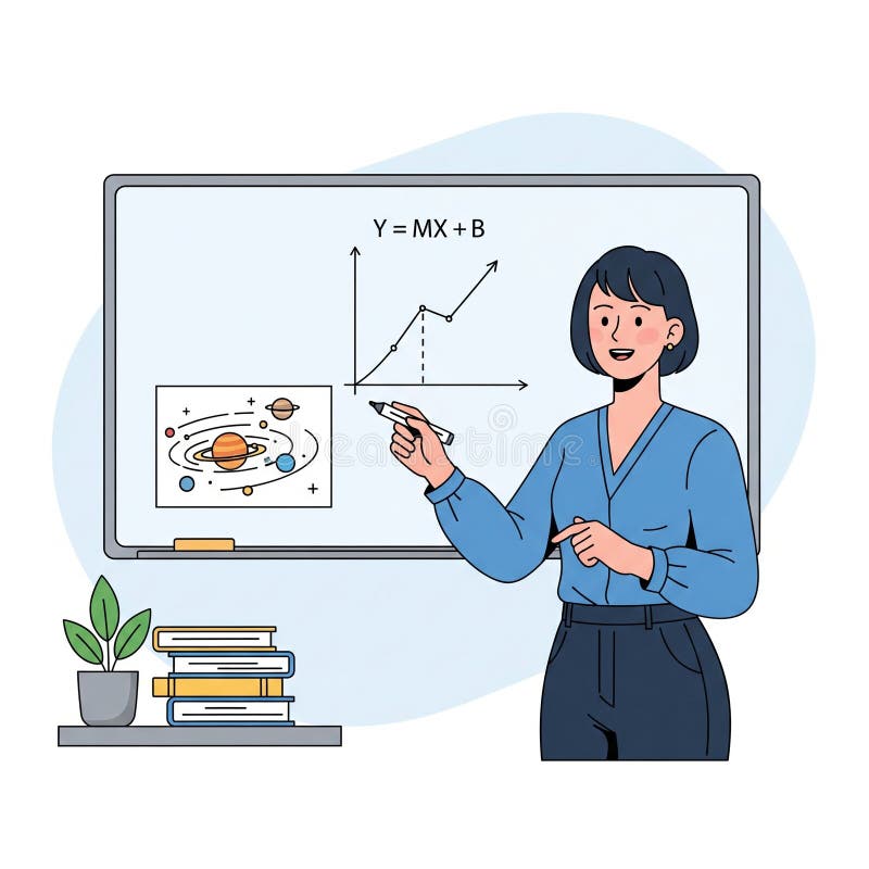 Teacher Explaining Math and Science on Whiteboard Stock Illustration ...
