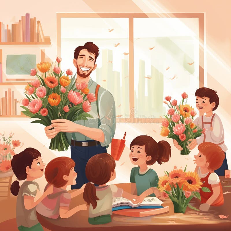 Illustration of Teachers Day Scene Students Present Professor Flowe ...