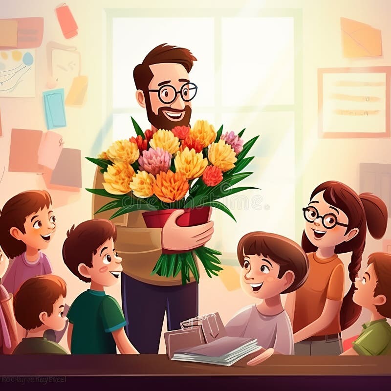 Illustration of Teachers Day Scene Students Present Professor Flowe ...