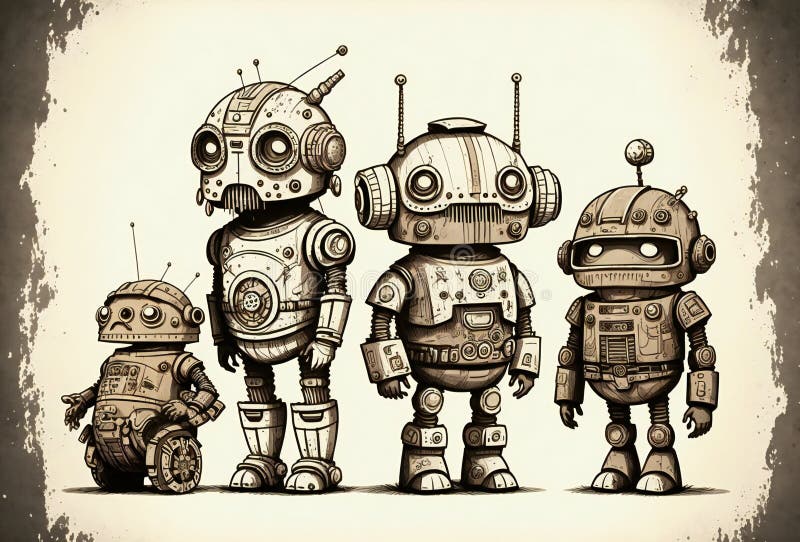 Team of Robots Vintage Toys Ink Drawing, Technology, Electronics Stock ... Team of Robots Vintage Toys Ink Drawing, Technology, Electronics Stock ...
