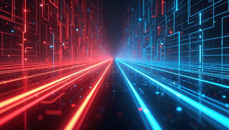 Illustration Tech Background with Parallel Paths. Red and Blue Color ...