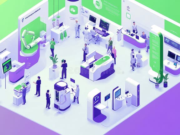 An Illustration of a Tech Exhibition Hall with Modern Booths Showcasing ...
