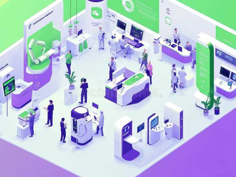 An Illustration of a Tech Exhibition Hall with Modern Booths Showcasing ...