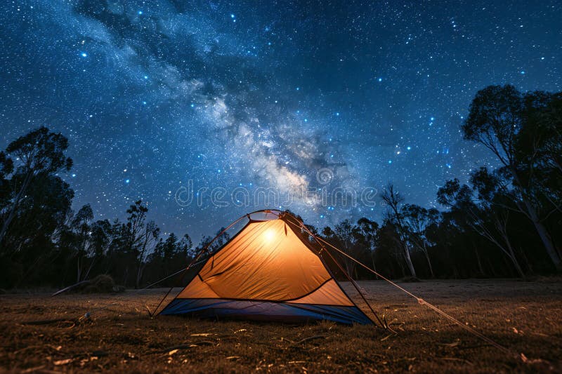A Tent Glowing Under the Stars in an Open Field, Surrounded Stock ...