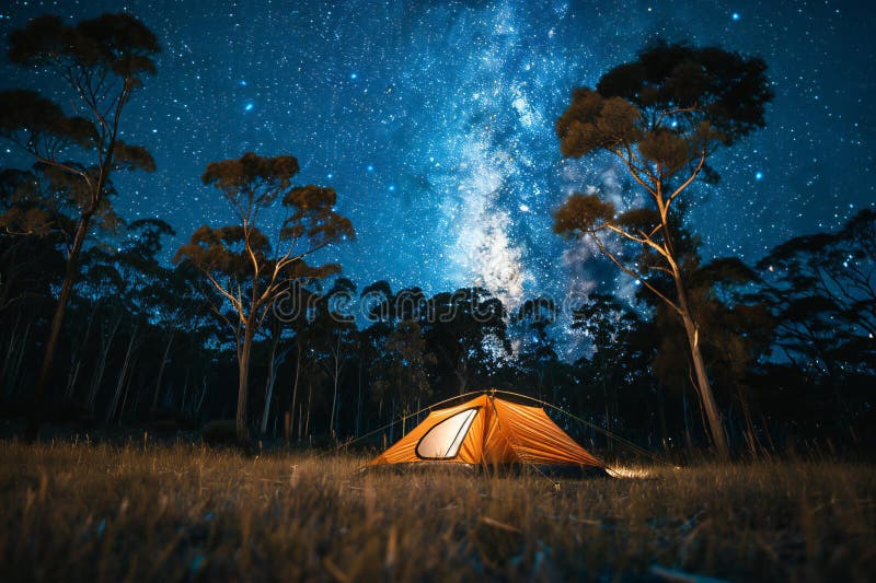 A Tent Glowing Under the Stars in an Open Field, Surrounded Stock ...