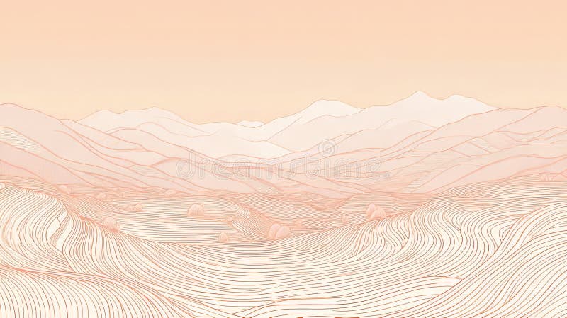 An Illustration of Terraced Rice Fields at Sunset in Line Art Stock ...