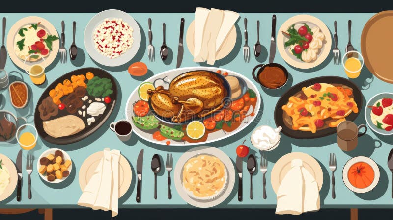 An Illustration of a Thanksgiving Dinner Table Stock Illustration ...