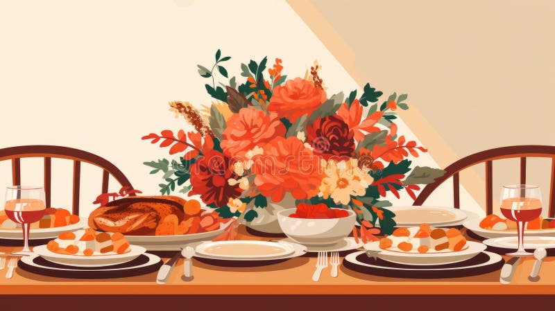 An Illustration of a Thanksgiving Dinner Table Stock Illustration ...