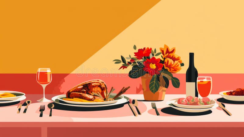 An Illustration of a Thanksgiving Dinner Table Stock Illustration ...