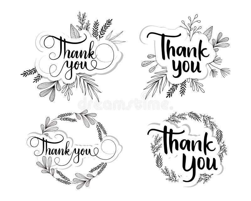 Thank You Script Decorated by Handdrawn Outline Floral Vector ...