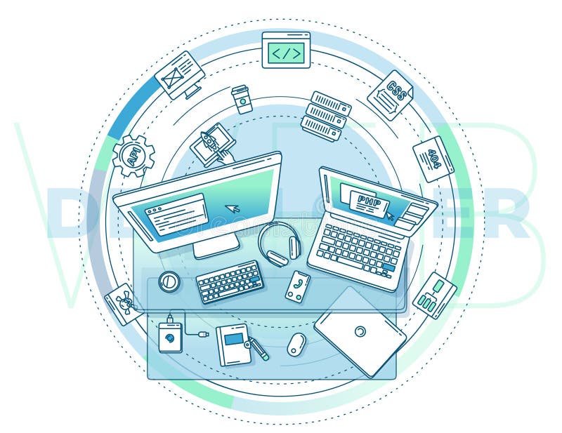 Promotional Illustration about the Work of a Web Developer. Stock ...