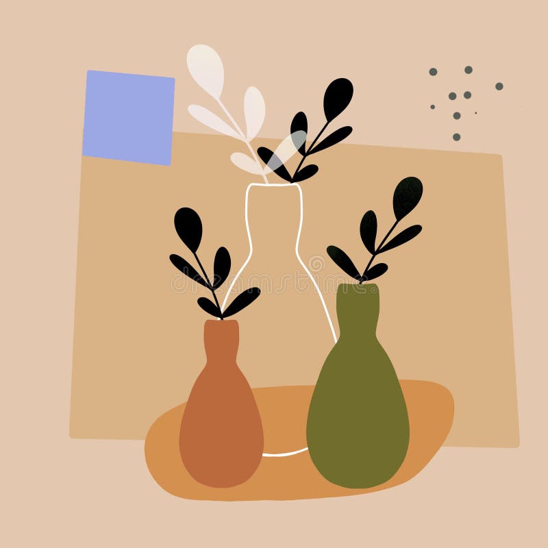 Illustration of Three Abstract Vases on the Table on the Pale Brown ...