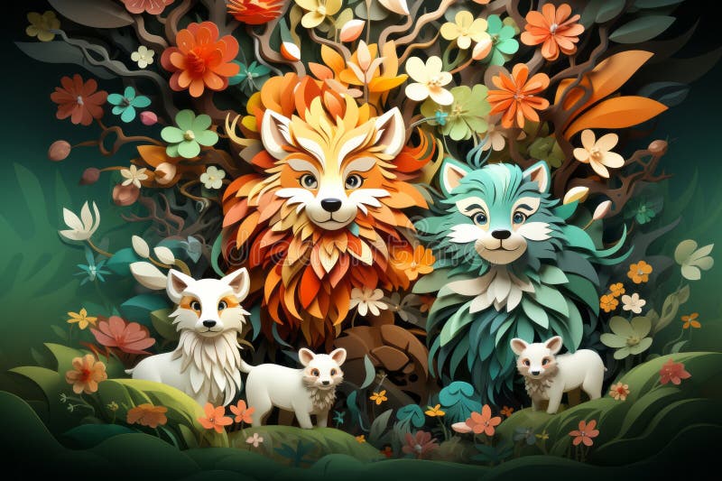 An Illustration of Three Animals in a Tree Surrounded by Flowers Stock ...