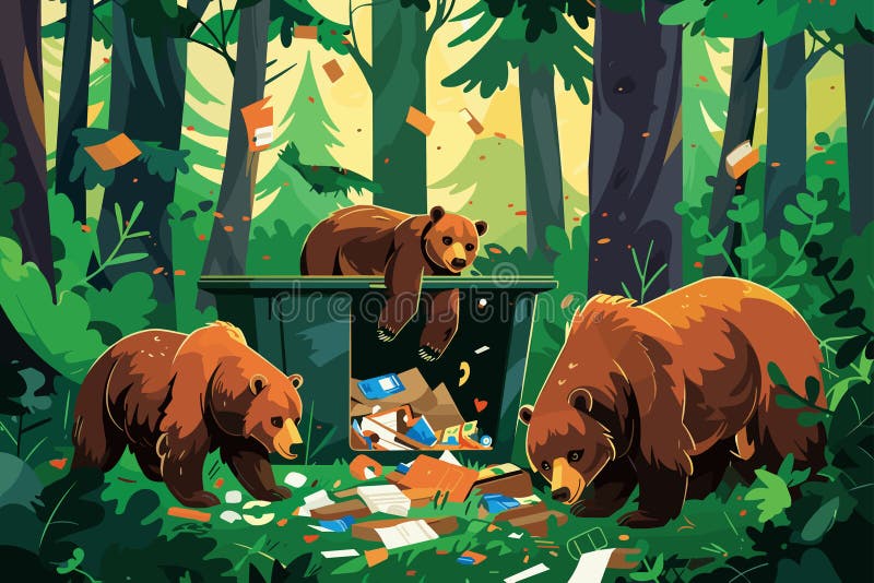 Three Bears Rummaging through Trash in Forest Scene Stock Vector ...