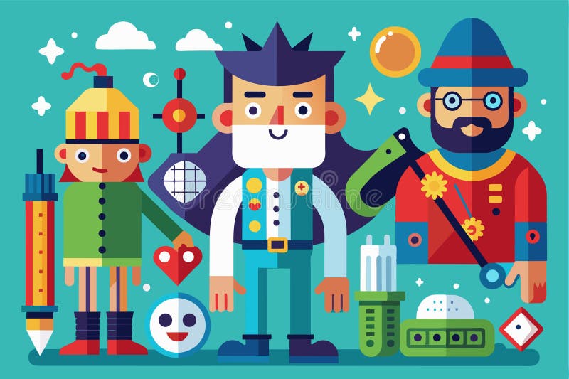 Illustration of Three Characters with Unique Features and Accessories ...