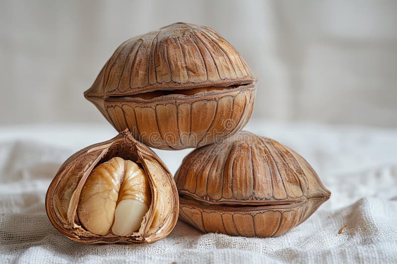 Three Chestnuts on a White Background, One is Open with Its Seed and ...