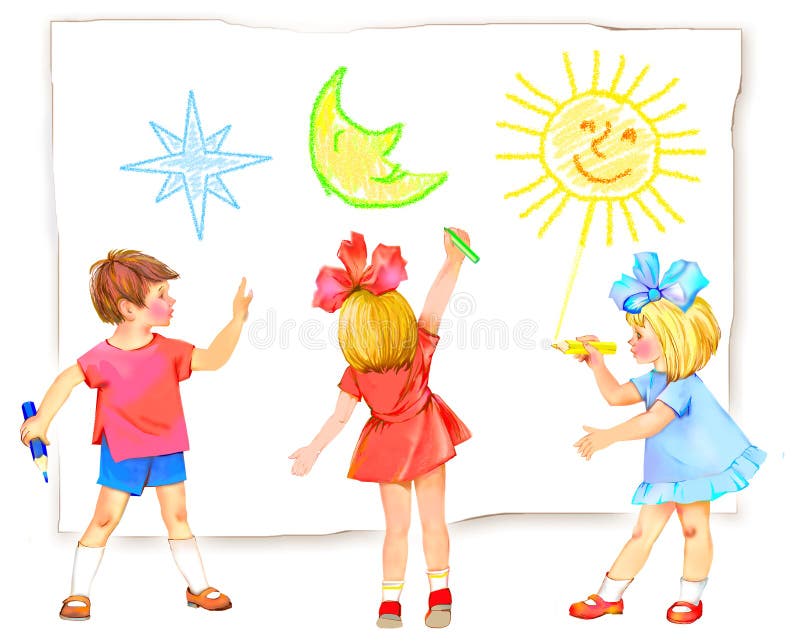 Illustration of Three Children Drawing Picture. Stock Illustration ...