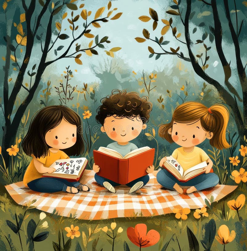 Illustration of Three Children Reading Books in a Forest Stock ...