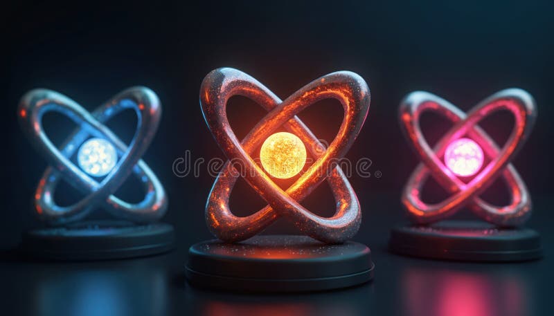 Illustration of Three Colorful Atom Models with Glowing Core, Represent Different Atomic ...
