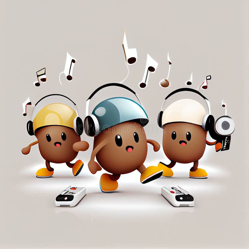 Illustration of Three Cute Animated Characters Dancing with Headphones ...