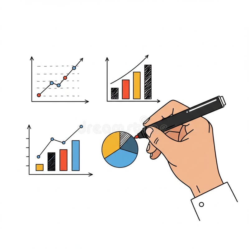Illustration of Three Graphs and a Hand Drawing a Pie Chart. the Graphs ...