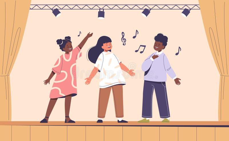 Illustration of Three Happy Children Singing in a Choir on Stage. the ...