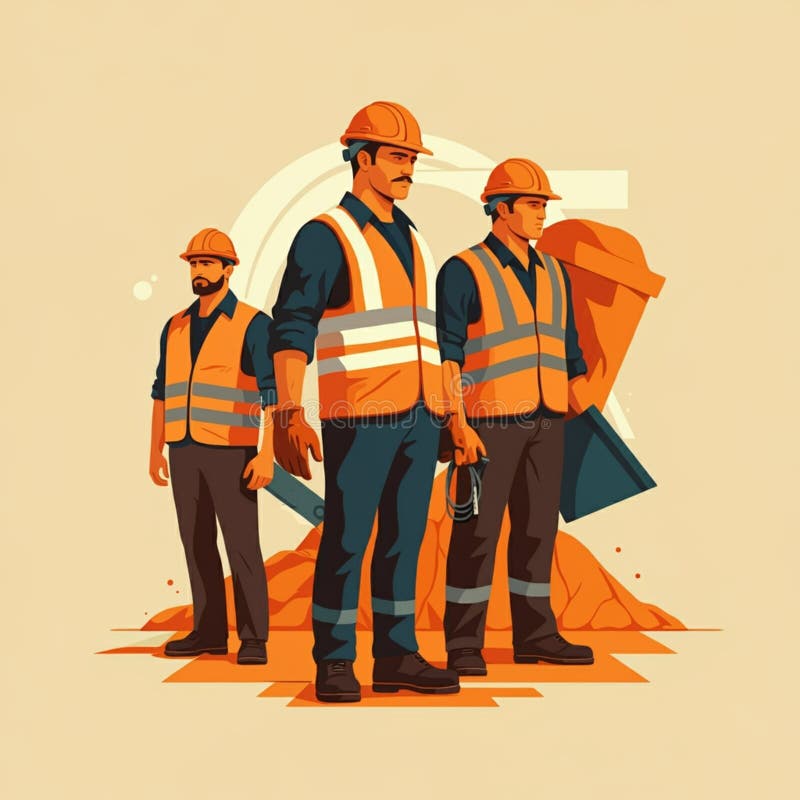 Illustration of Three Male Construction Workers in Safety Vests and ...