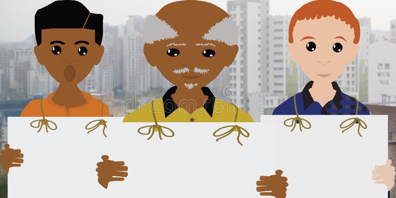 Illustration of Three Men Holding Blank Signs with a Seoul Background ...