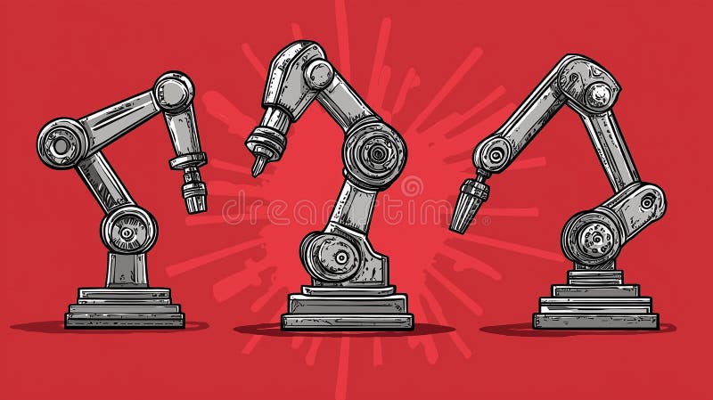 Three Robotic Arms on a Vibrant Red Background Stock Illustration ...