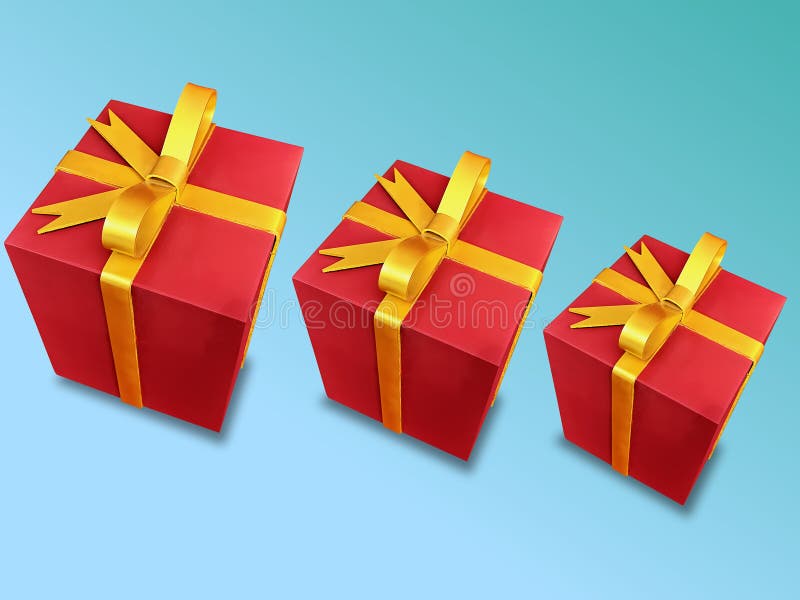 Three Red Christmas Present Boxes Isolated on Light Blue Gradient ...