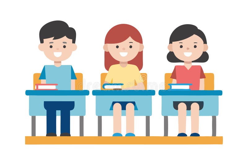 Illustration of Three Smiling Students Sitting at Desks with Books in ...