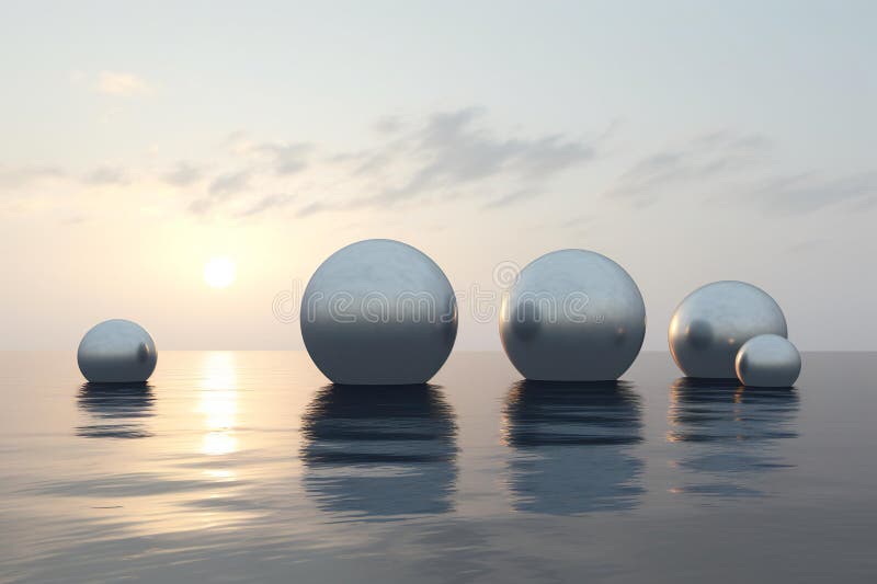 Three Spheres in Water with a Sunset in the Background Stock ...