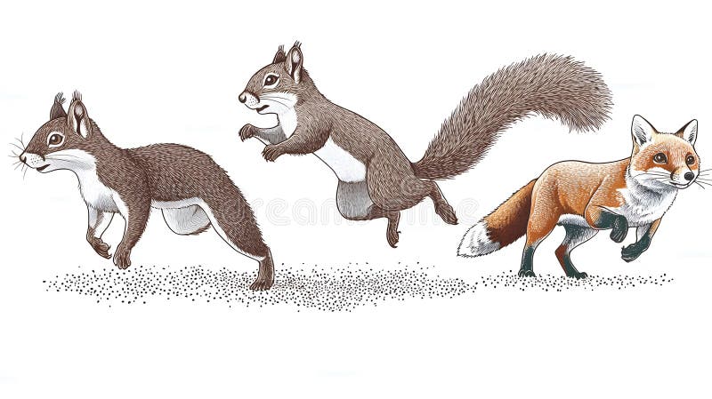Illustration of Three Squirrels and a Fox Stock Illustration ...