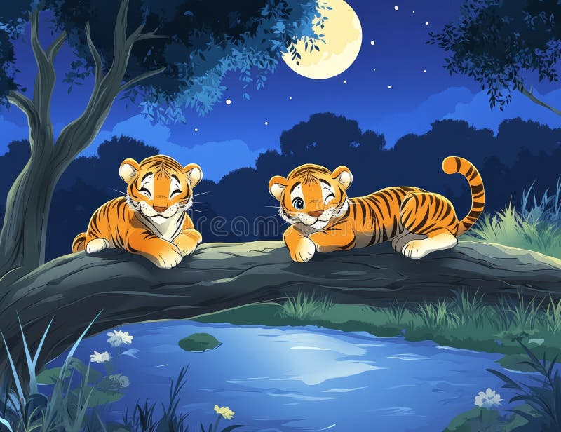 An Illustration of Three Tigers by the River during the Night Stock ...