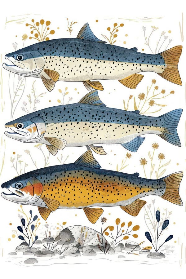 Three Colorful Trout Fish Illustration with Floral Background Stock ...