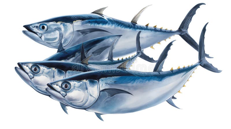 Illustration of Three Tuna Fish in Dynamic Poses with Detailed Shading ...