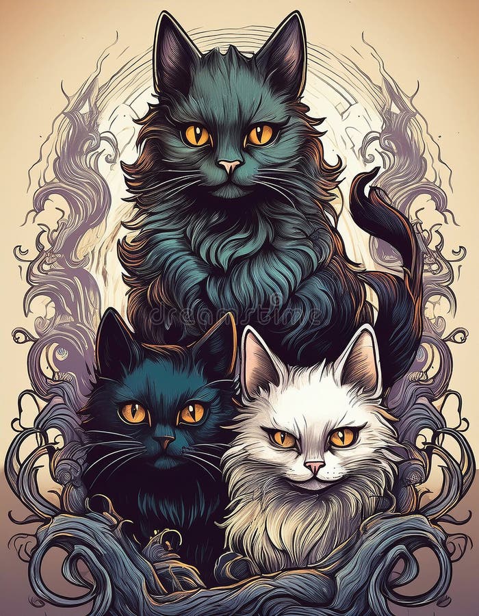 Illustration of Three Unique Cats with Bright Eyes and Fur Stock Illustration - Illustration of ...
