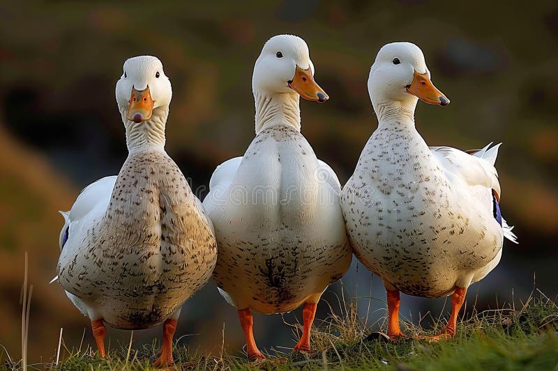 Illustration of Three White Ducks Standing on the Grass, Professional ...