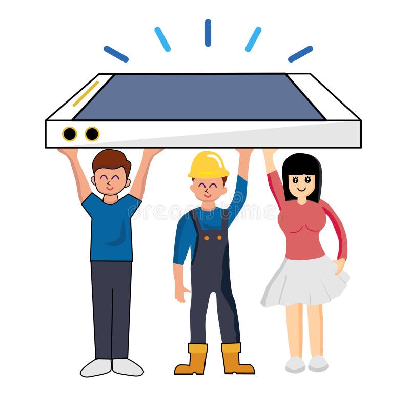 Illustration of Three Workers Holding Up Big Smartphone Stock ...