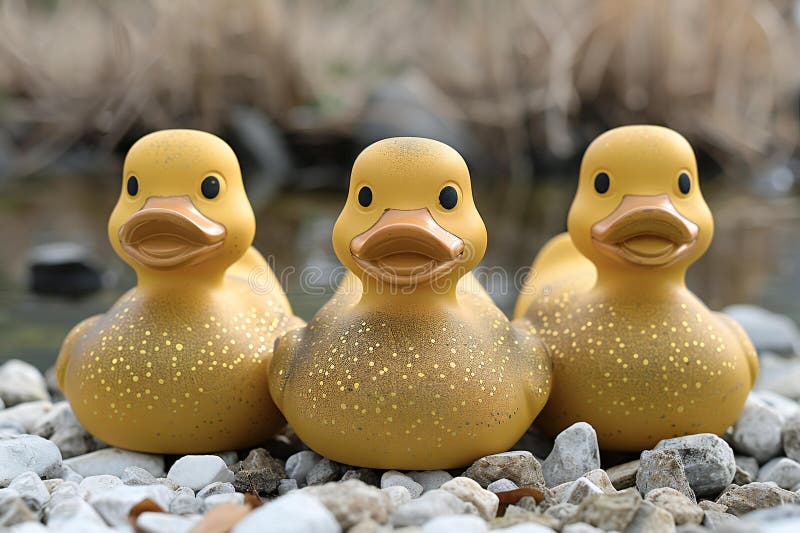 Three Yellow Rubber Ducks Isolated on White Background, Front View ...