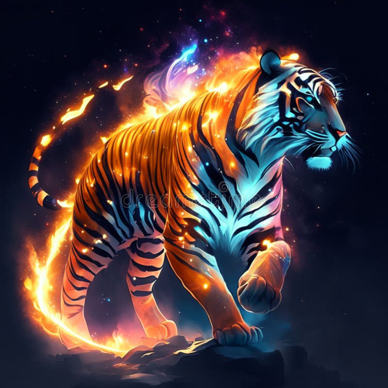 Tiger with Fire Flames on a Dark Background. 3d Illustration AI ...