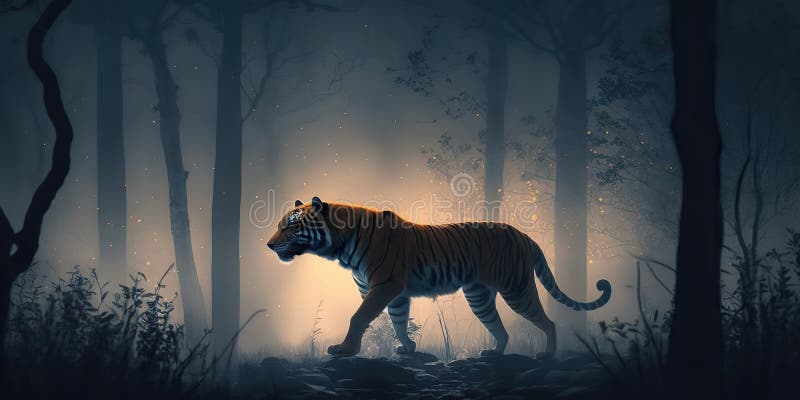 Illustration of a Tiger Emerging from the Mist in a Dark Forest ...