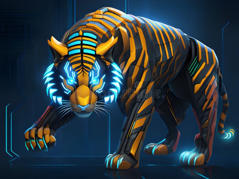 Illustration of Tiger Face with Neon Lights on Background of Futuristic ...