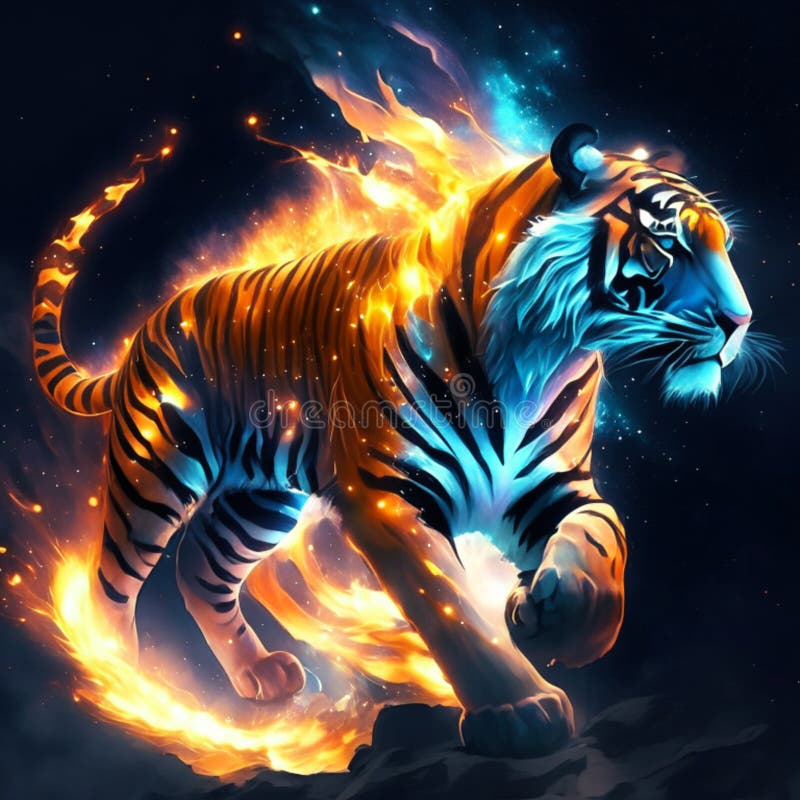 Tiger with Fire Flames on a Dark Background. 3d Illustration AI ...