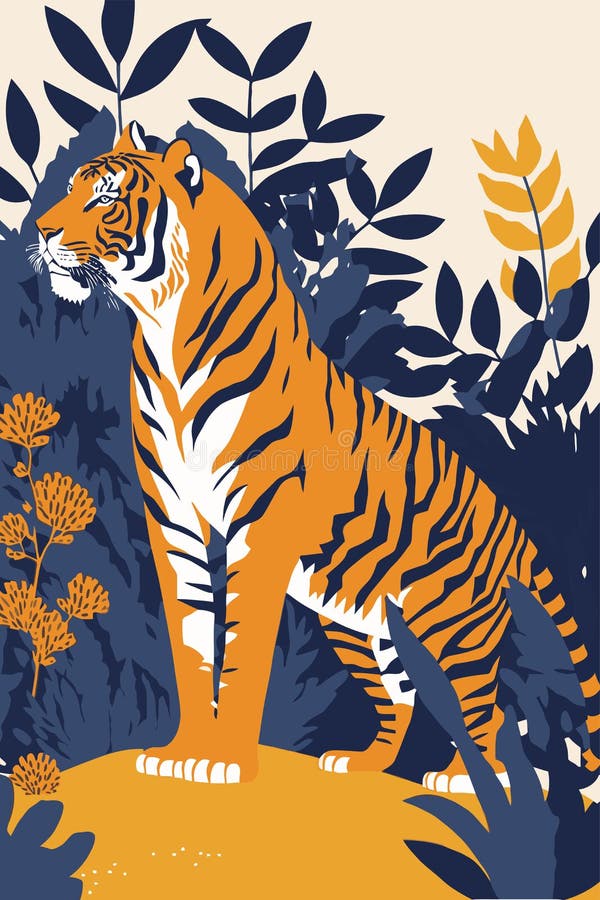 Tiger in Flat Vector Style for Poster Wall Art Decor Boho Illustration ...
