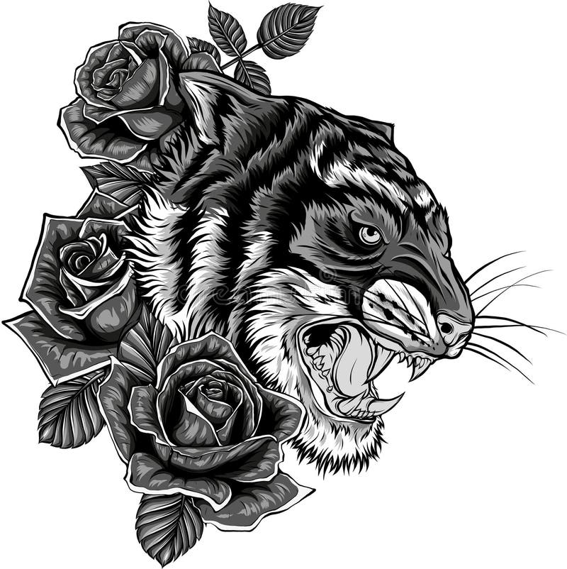 Monochromatic Illustration of Tiger Head with Rose Stock Vector ...