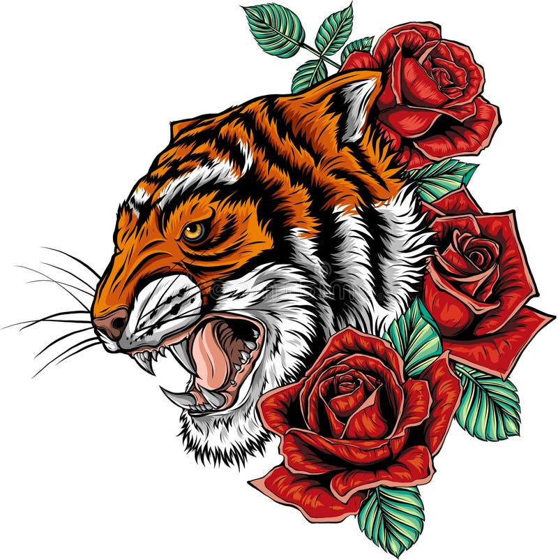 Vector Illustration of Tiger Head with Rose Stock Vector - Illustration ...