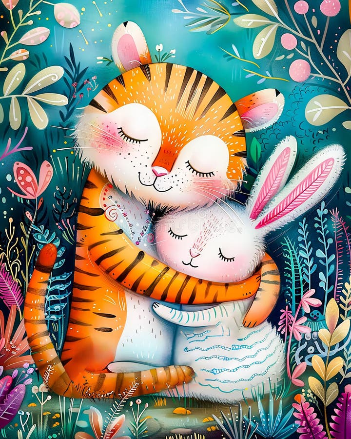 Tiger and Rabbit Embrace on in Night Time at Forest Stock Illustration ...