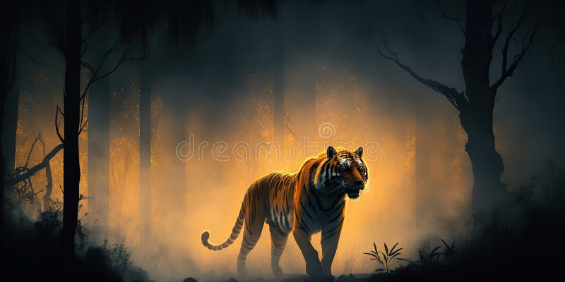 Illustration of Tiger Roaming through a Misty Forest at Night ...