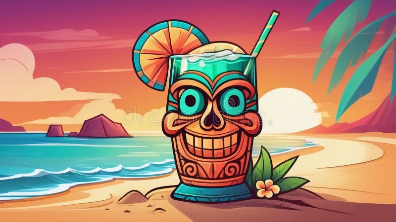 Illustration. Tiki Cocktail on the Beach in the Sand Stock Illustration ...